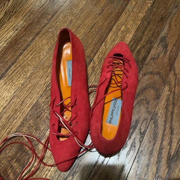 Phillip Model | Shoes | Red Suede Balletcore Basque Lace Up Ankle Heels ...